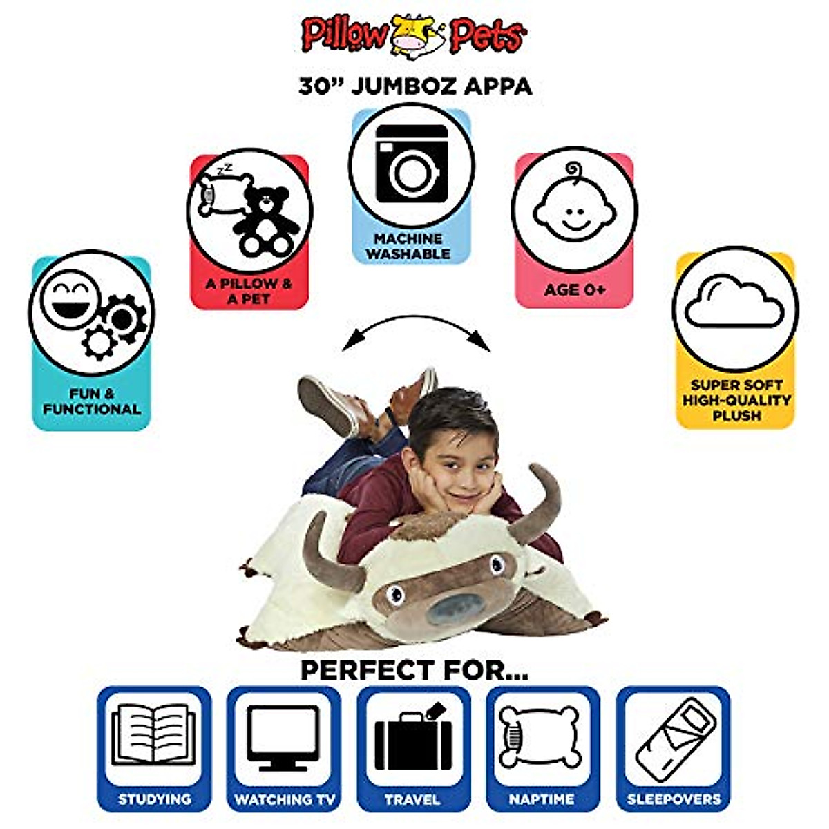 Pillow Pets 30” Jumboz Appa Stuffed Animal, Nickelodeon Avatar: The Last Airbender Plush Toy, white