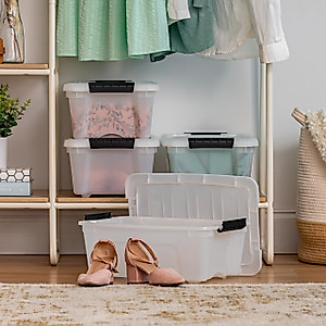 IRIS USA 13 Qt Stackable Plastic Storage Bins with Lids, 4 Pack - BPA-Free, Made in USA - Discreet Organizing Solution, Latches, Durable Nestable Containers, Secure Pull Handle - Pearl