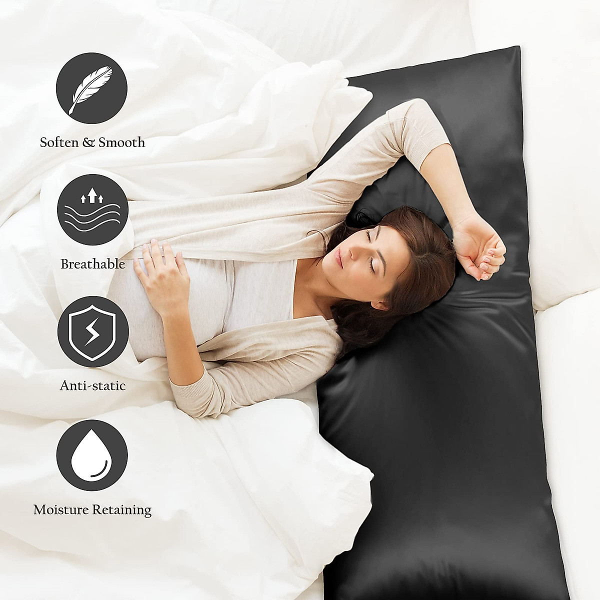 OLESILK Silk Body Pillowcase 20x54 Zippered: 100% Mulberry Silk for Hair and Skin, Breathable and Soft for Pregnant and Family, Black