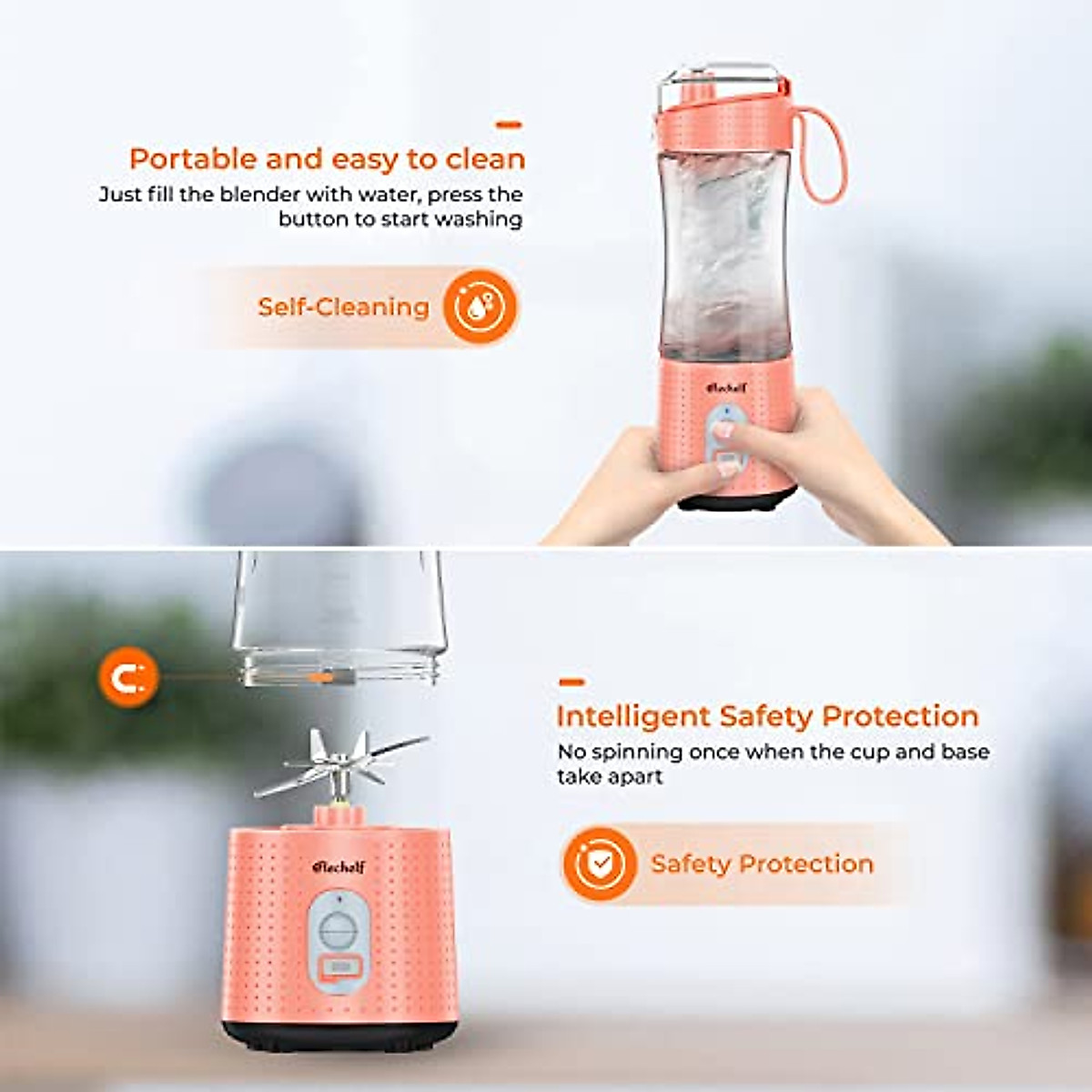 Elechelf Portable Blender, Personal Size Blender Smoothies and Shakes, Mini Blender USB Rechargeable, Handheld Blender Sports,Travel,Gym (Orange)