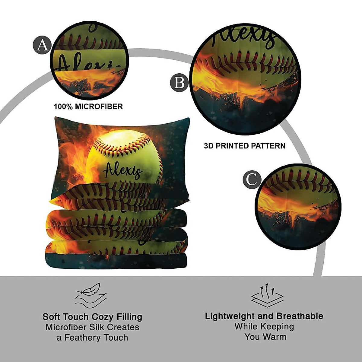 OHWILD Softball Bedding Set Twin Size, Custom Name & Number Softball Bedding Set & Pillow Cover for Bedroom Girls Decorations Super Warm Fire Softball Ball Comforter Set Queen (SOFTBALL-DS11)