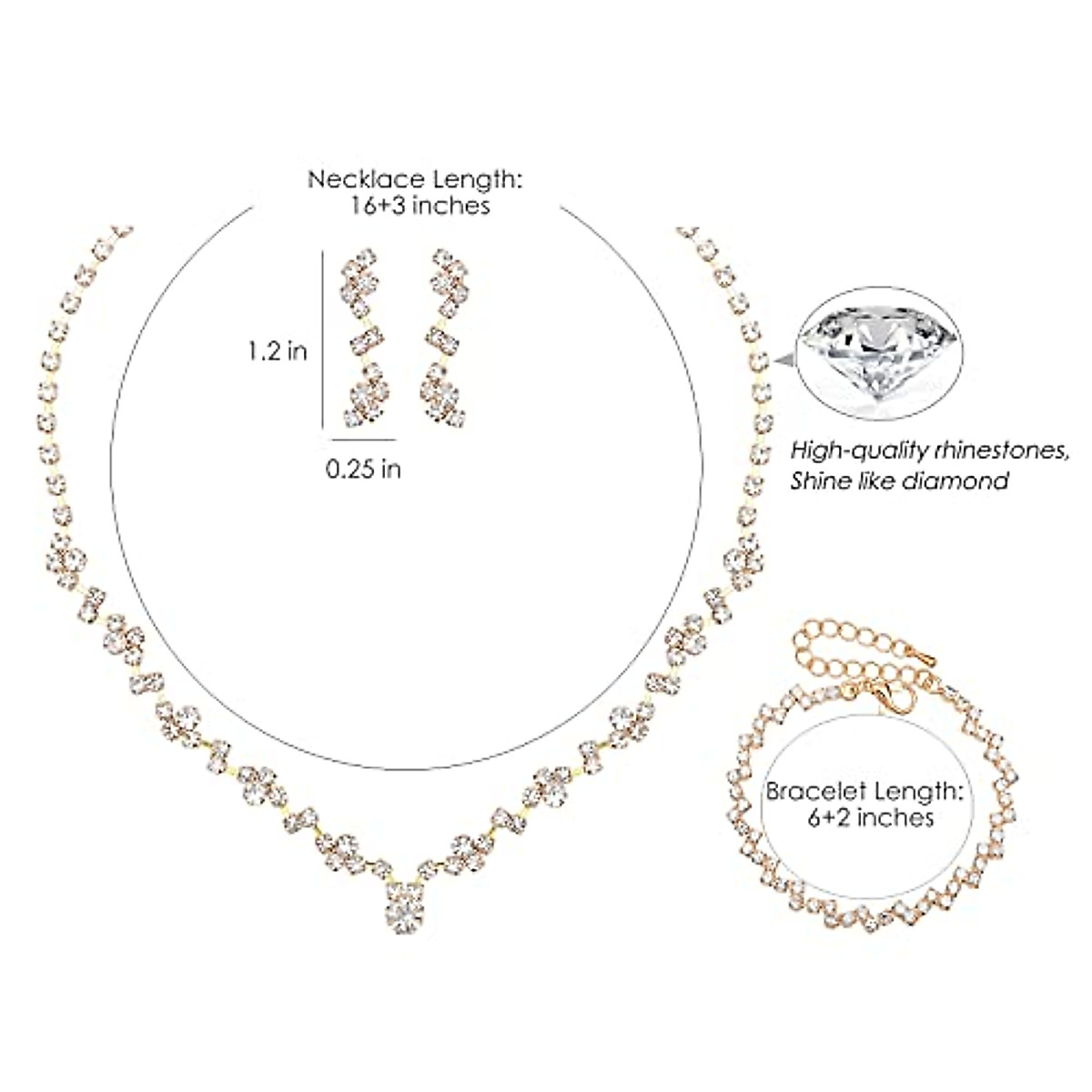 Aixiao Rhinestone Necklace Earrings Bracelet Crystal Bridal Wedding Jewelry Sets for Brides Bridesmaid Prom Costume Accessories for Women (Style 4-Gold Necklace Earrings Bracelet)