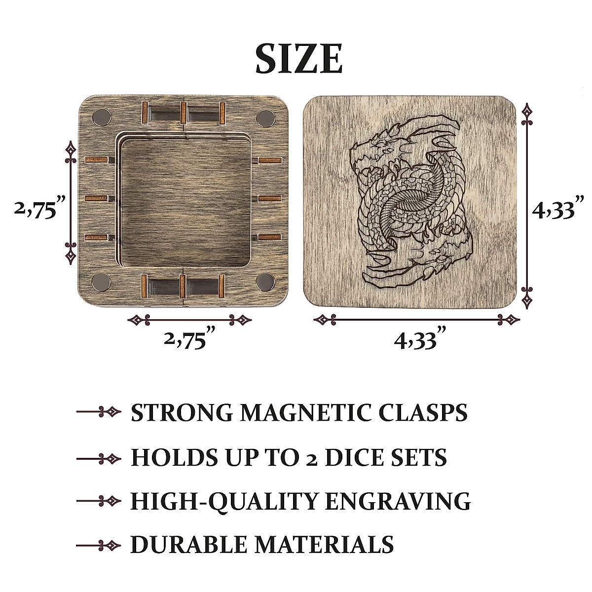 SMONEX Dice Box - Dice Storage Box with Magnetic Lid Suitable for Dungeons and Dragons - Engraved Wooden Box Ideal as DND Gifts and Gifts for Other RPG