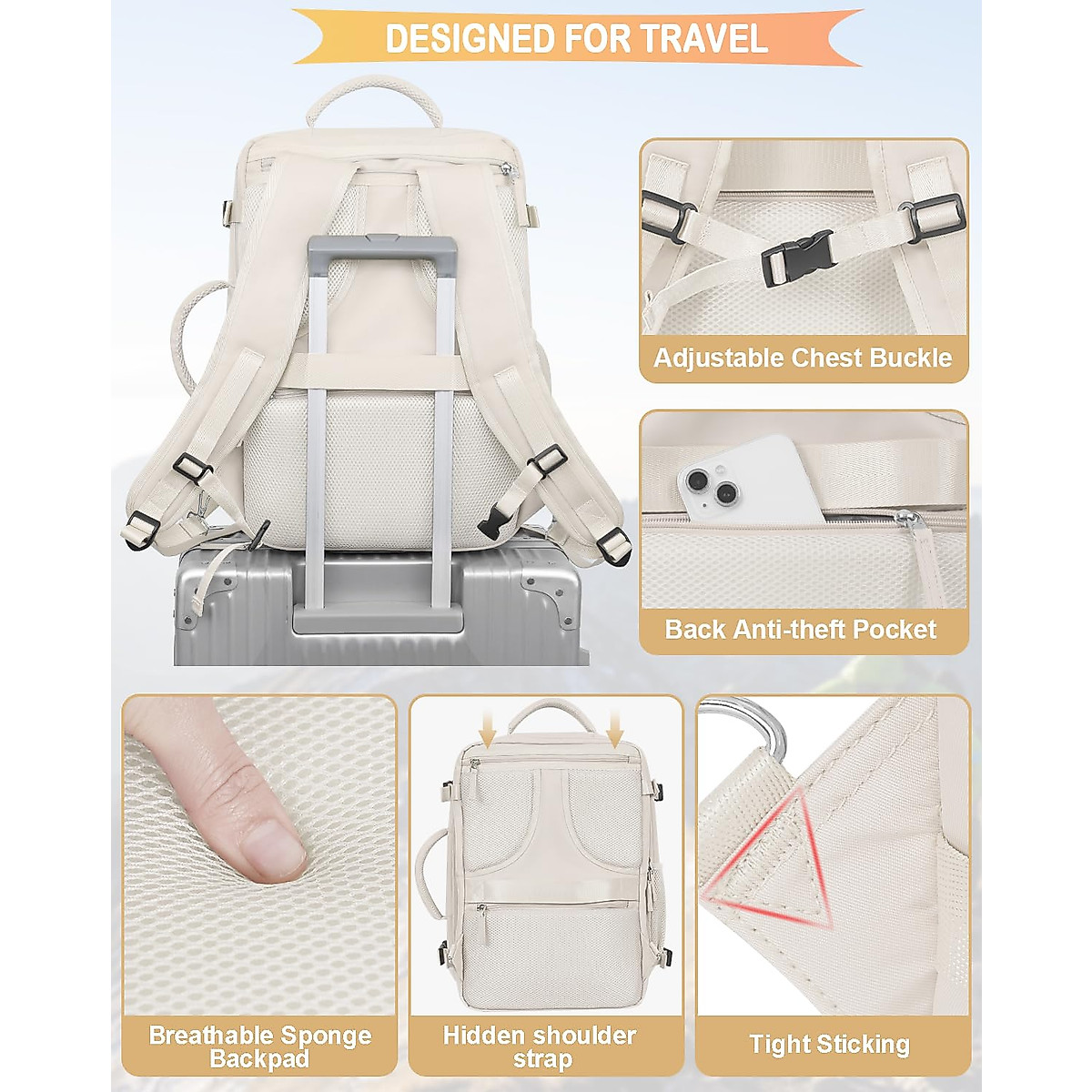 Getravel Travel Backpack For Women, Airline Approved Personal Item Bag, Carry On Backpack,17 Inch Laptop School Backpack, Waterproof Casual Overnight Bag, Hiking Backpack (Beige)