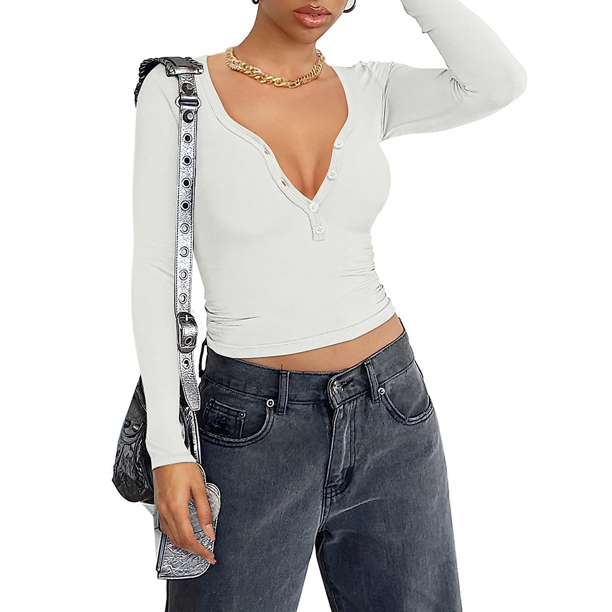 REORIA Women Fall Sexy Long Sleeve Henley T Shirts V Neck Button up Casual Basic Vintage Y2K Slim Fitted Ribbed Knit Tees Crop Tops White Small