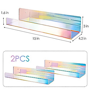 NiHome 2PCS Iridescent Wall Mounted Clear Acrylic Floating Shelves, Attom Tech 15" Thick Invisible Wall Ledge Bookshelf Kids Book Display Shelves for Home, Office, School, Business