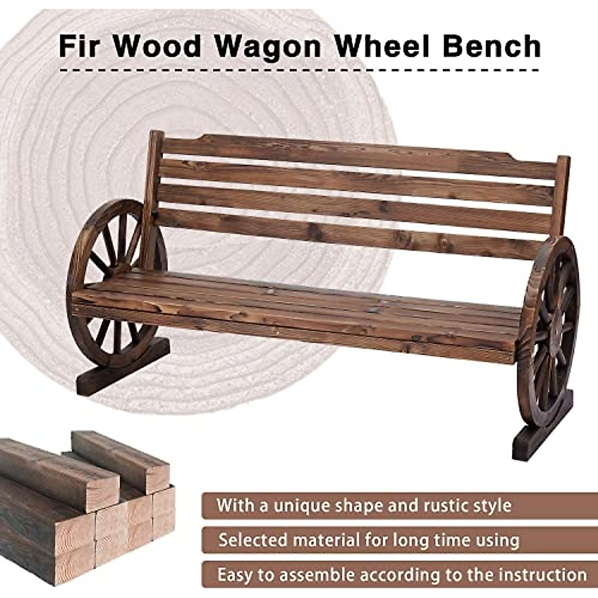 JSUN7 Wooden Outdoor Wagon Wheel Bench - Yard Decorative 3-Person Bench with Backrest Fir Wood Seat Rustic Style for Bench Patio Garden
