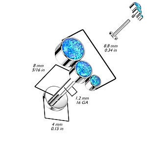 Pierced Owl 16GA G23 Implant Grade Titanium Descending Bezel Set Triple Opal Curved Internally Threaded Stud (Blue)