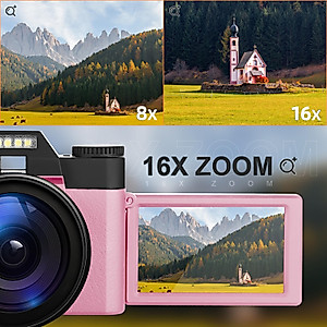 G-Anica Digital Cameras for Photography, 4K 48MP Video Camera, 16X Digital Zoom Vlogging Camera for YouTube, Travel Camera with 32GB SD Card and Wide Angle Lens Macro Lens（Pink）