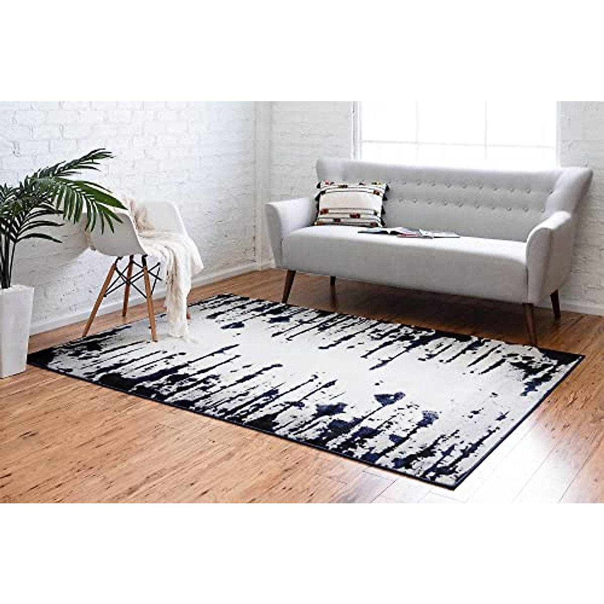 Unique Loom Metro Collection Modern Abstract Vintage Ink Blot Striped Area Rug, 5' 0" x 8' 0", Ivory/Navy Blue