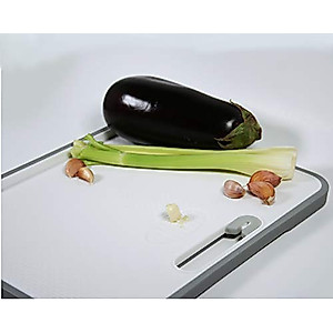 3-in-1 Plastic Cutting Board with Built-In Knife Sharpener, Garlic Grater, Raised Juice Catcher, Slip-Resistant Bottom, Non-Stick Food Prep Surface, Meat, Vegetable, Cheese