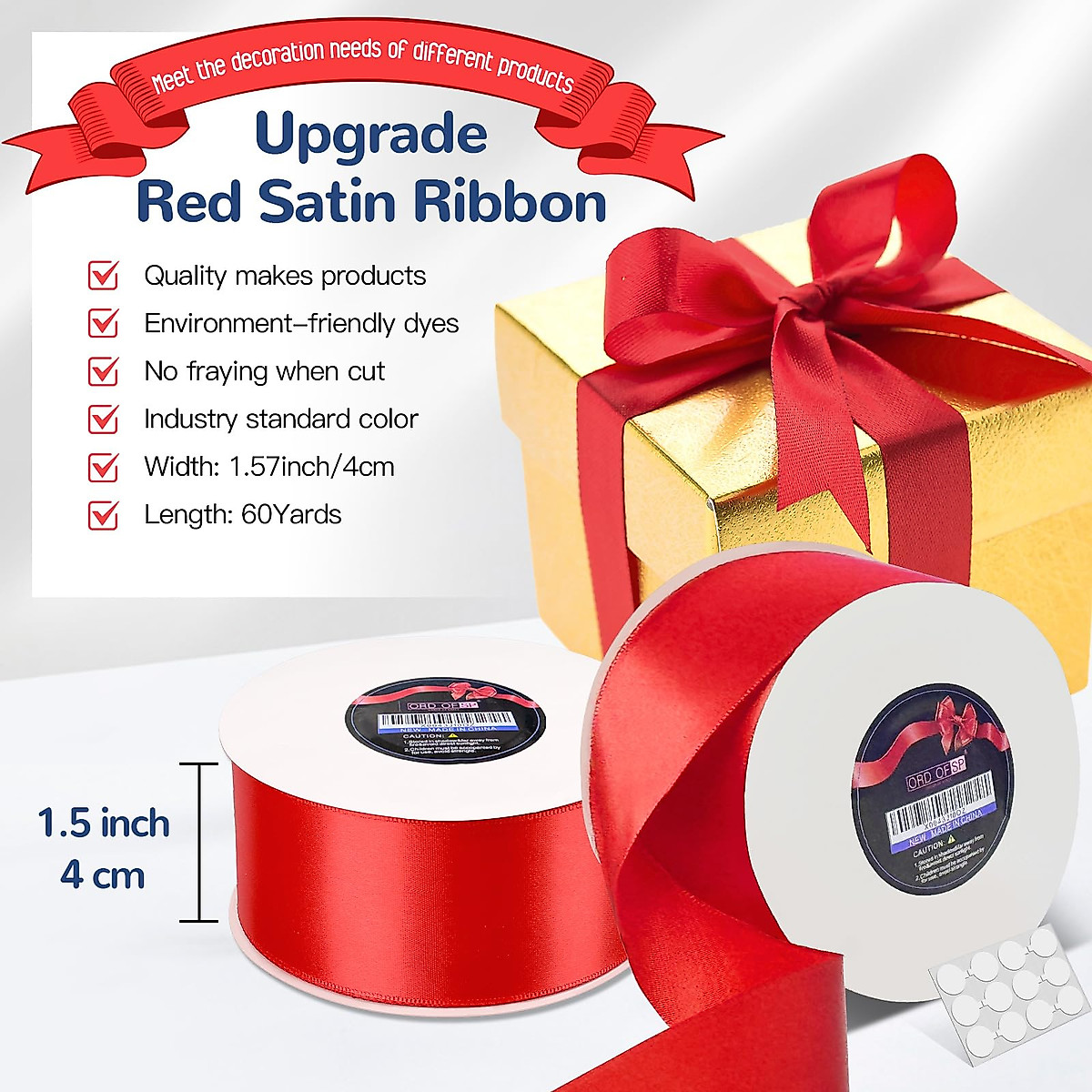 Red Ribbon 1 1/2 inch 50 Yards, 1.5 inch Wine Red Satin Ribbon, Red Ribbon for Flowers Bouquets, Ribbon for Gift Wrapping, Silk Ribbon for Wedding, Thanksgiving Christmas and Decoration, ORD OF SP