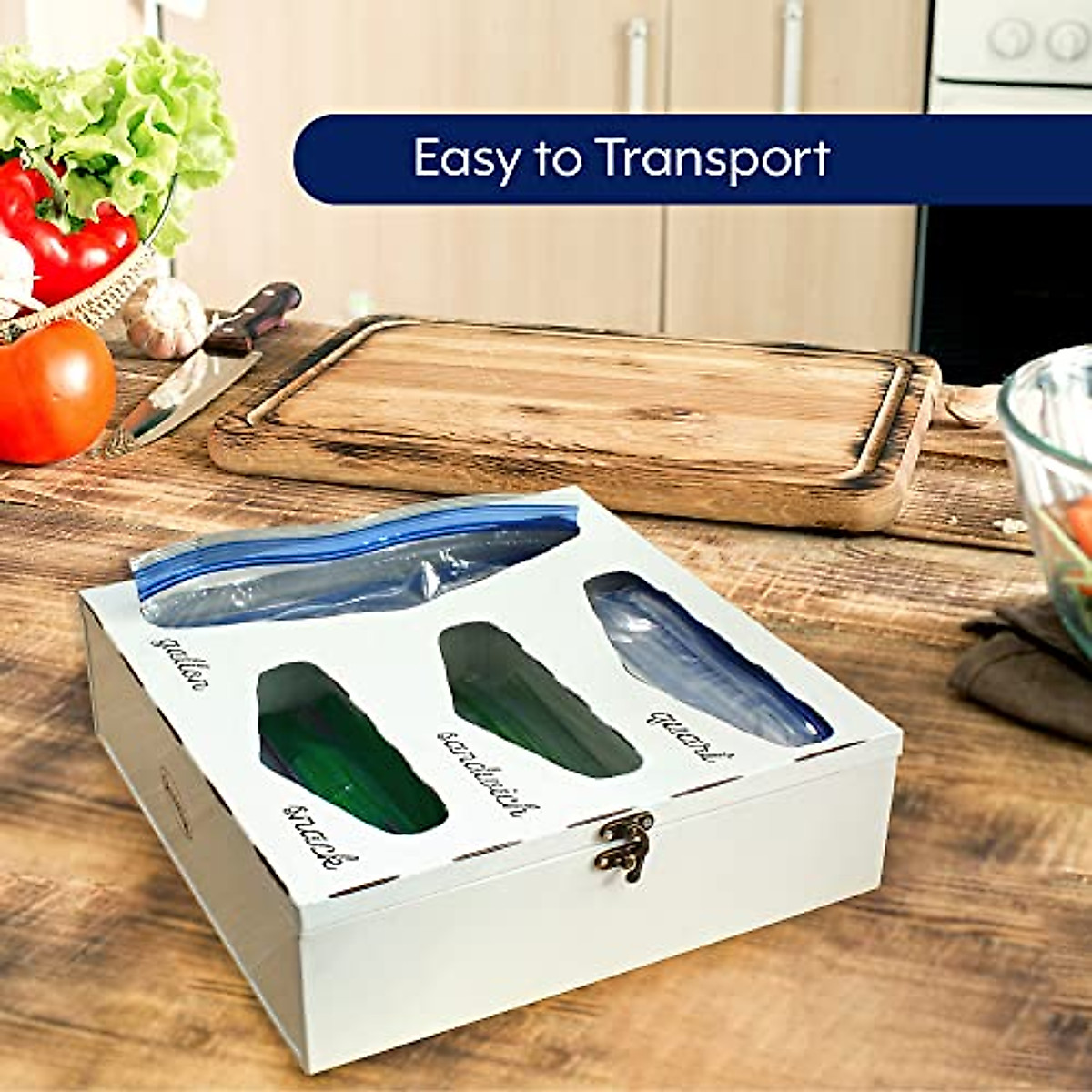 AuldHome Enamelware Kitchen Bag Organizer (White), Farmhouse Style Holder Compatible with Zipper Seal Kitchen Storage