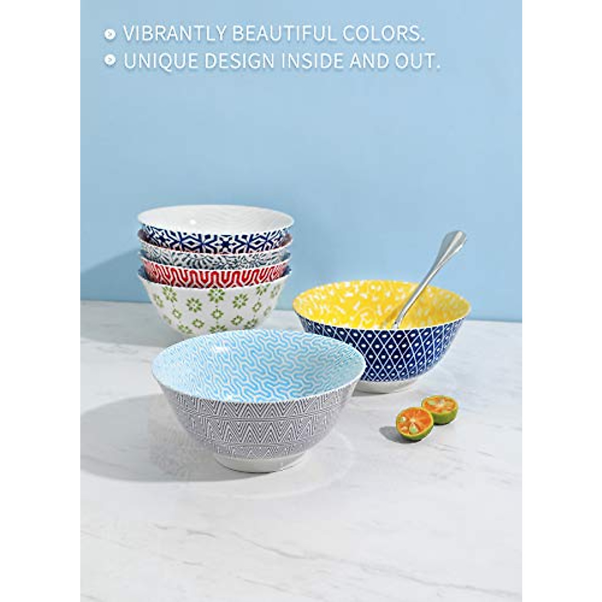 Amazingware Porcelain Salad Bowls - 18 Ounce for Cereal, Soup, Salad and Pasta, Bowl Set of 6, Assorted Designs