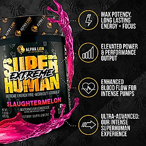 ALPHA LION Superhuman Extreme, Extreme Energy Pre-Workout Formula, Intense, Sustained Energy and Focus, Elevated Nitric Oxide, Maximum Pumps & Nutrient Delivery (21 Servings, Slaughtermelon)