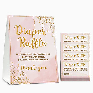 Gihyan Diaper Raffle Baby Shower Game Set(1 Standing Sign + 50 Guessing Cards), Watercolor Pink Diaper Raffle Tickets for Baby Shower, Gold Foil Baby Shower Party Favor Decor - A02