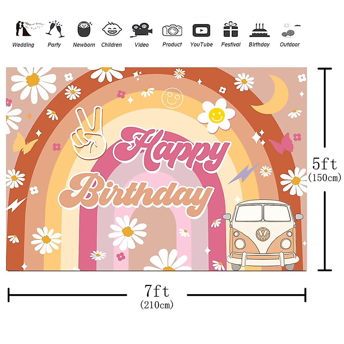 Aperturee 7x5ft Happy Birthday Backdrop Daisy Floral Groovy Photography Backdrop Girls Bday for Newborn Boho Rainbow Bus Party Decorations Cake Table Supplies Banner Photo Booth Props