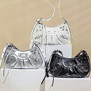 Women Punk Style Rivet Satchels Handbags Pu Leather Shoulder Purse Half Moon Underarm Bags With Coin Purse Hobo Bags (Silver)