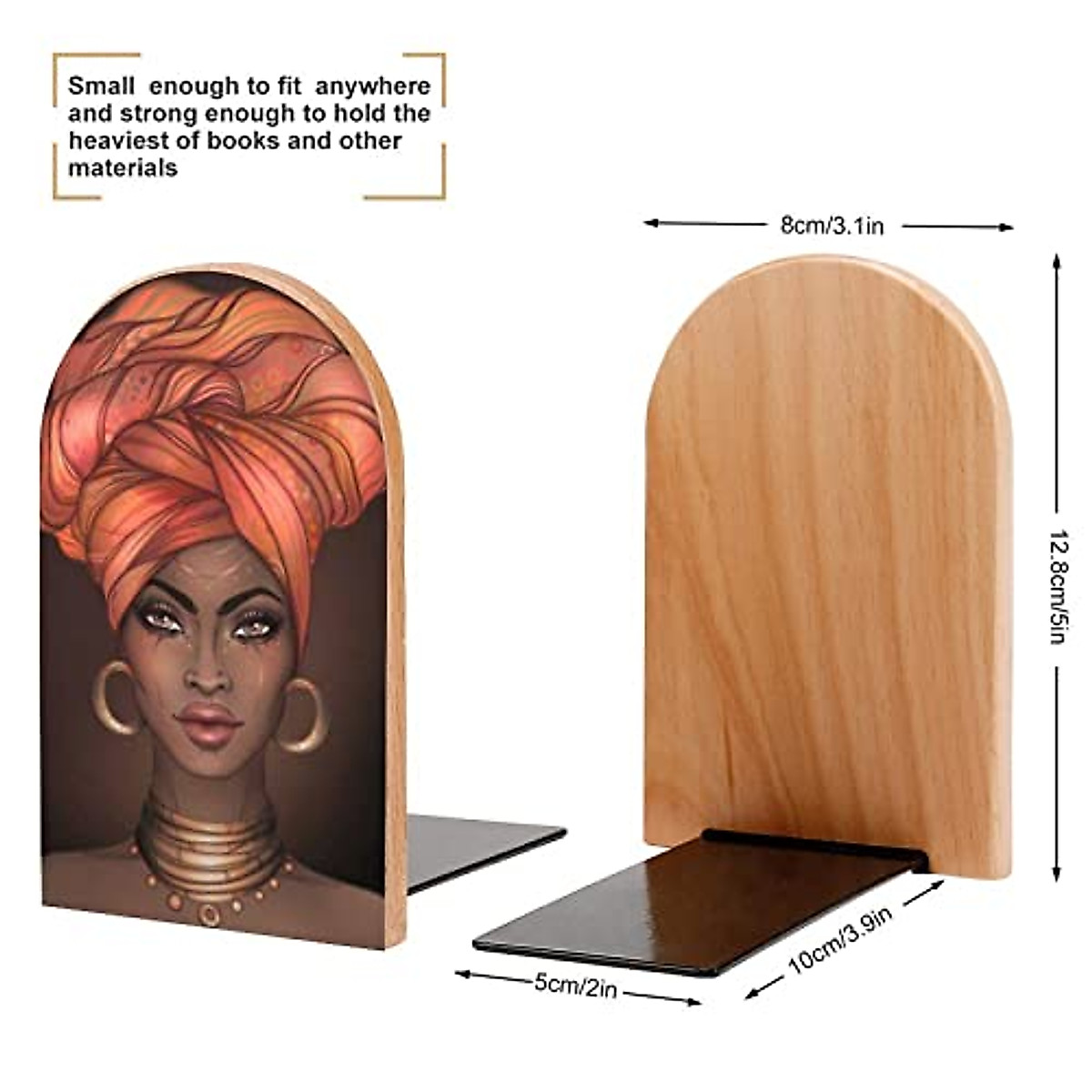 Hon-Lally American African Girl Pattern Wood Bookends Decorative Bookend Non-Skid Office Book Stand for Books Office Files Magazine