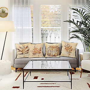 Liosei Fall Pillow Covers 18x18, Rustic Pumpkin Fall Maple Leaves Harvest Linen Throw Pillow Covers Set Of 4, Farmhouse Fall Autumn Thanksgiving Gifts For Home Room Bedroom