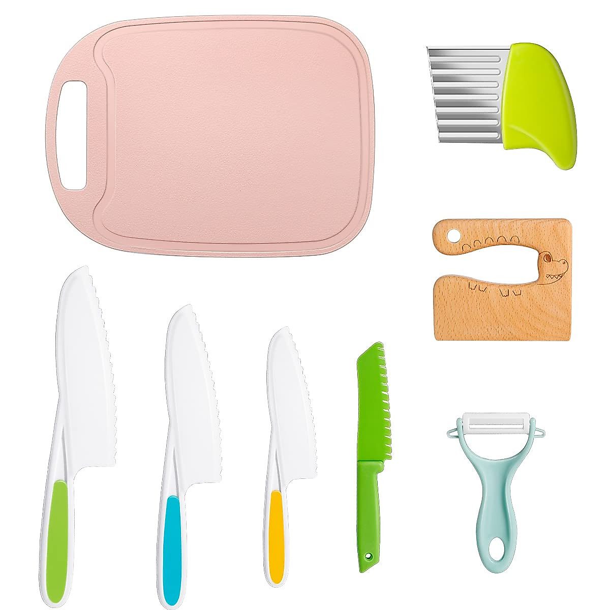 HANHAN 8 PCS Kids Knife Set, Include 4 Pcs Plastic Knives with Serrated Edges, Crinkle Cutter, Y Peeler, Crocodile Wood Knife & Durable Cutting Board for Fruit, Vegetable, Bread, Cake & more (#A)