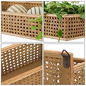 Synovana Boho Long Rattan Wall Shelf Farmhouse Woven Wall Mounted Shelf Basket Organizer Storage Rustic Floating Hanging Wall Shelf for Livingroom Home Decor