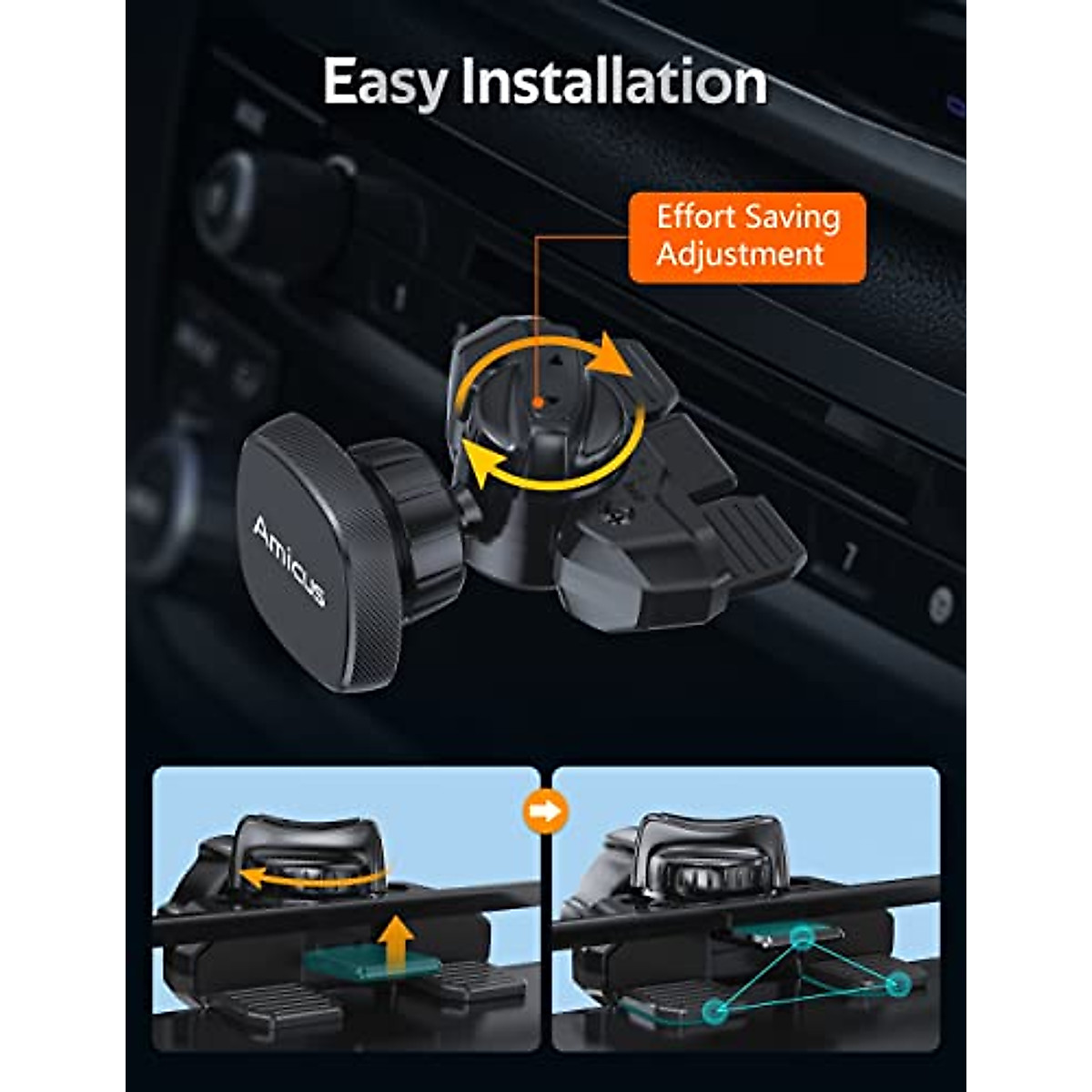 Amicus Magnetic CD Slot Phone Holder for Car, CD Player Cell Phone Mount with Strong Magnet, 360° Rotation Car Phone Mount Compatible with iPhone, Samsung, Galaxy, LG