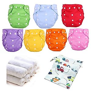 Baby Cloth Diapers Washable Reusable Diapers for Baby Girls and Boys, One Size Adjustable 7 Pack with 7 Inserts and 1 Storage Bag