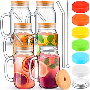 6 Pack 25oz Glass Cups with Lids and Straws Drinking Glasses with Straws Brush and Bamboo Lids Plastic Lids Metal Lids Glass Jar Mugs Glass Tumbler Cups for Cold Coffee Juice and Food Storage