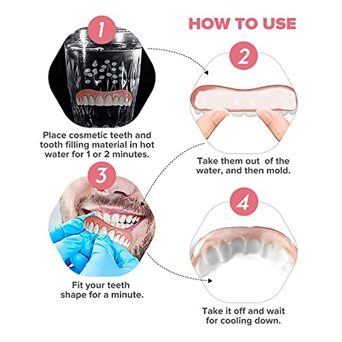 Fake Teeth, 2 PCS Dentures Teeth for Women and Men, Dental Veneers for Temporary Teeth Restoration, Nature and Comfortable to Protect Your Teeth and Regain Confident Smile, Natural Shade