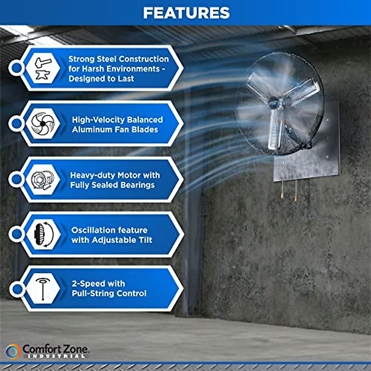 Comfort Zone CZHVW30EX 30” 2-Speed Oscillating High Velocity Industrial Wall Fan, All-Metal Construction, Adjustable Tilt, Steel Mounting Bracket with Adjustable Angle, Aluminum Blades, Black