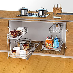 Under Sink Organizer and Storage, Auledio Under the Sink Organizer Pull Out Cabinet Organizer, 2 Tier Under Cabinet Storage Chrome Cabinet Pull Out Shelves for Kitchen, Bathroom