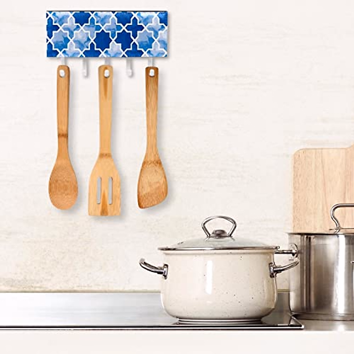 Coat and Hat Hook Rail Wall Hooks, Leather Hook Rack Wall Mounted, Hooks for Hanging Towel Key Purse Kitchenware Blue Watercolo Mosaic Geometric