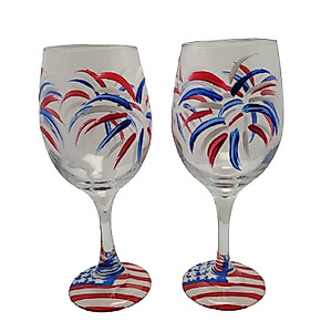 Fireworks USA American Flag Hand Painted Stemmed Wine Glasses Set of 2
