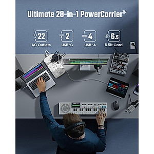 Power Strip, SUPERDANNY Surge Protector with 22 Outlets, 2 USB-C and 4 USB-A, 2100J, 6.5Ft Flat Plug Heavy Duty Extension Cord (1875W/15A), Wall Mountable for Home, Office, Dorm, Gaming Room, White