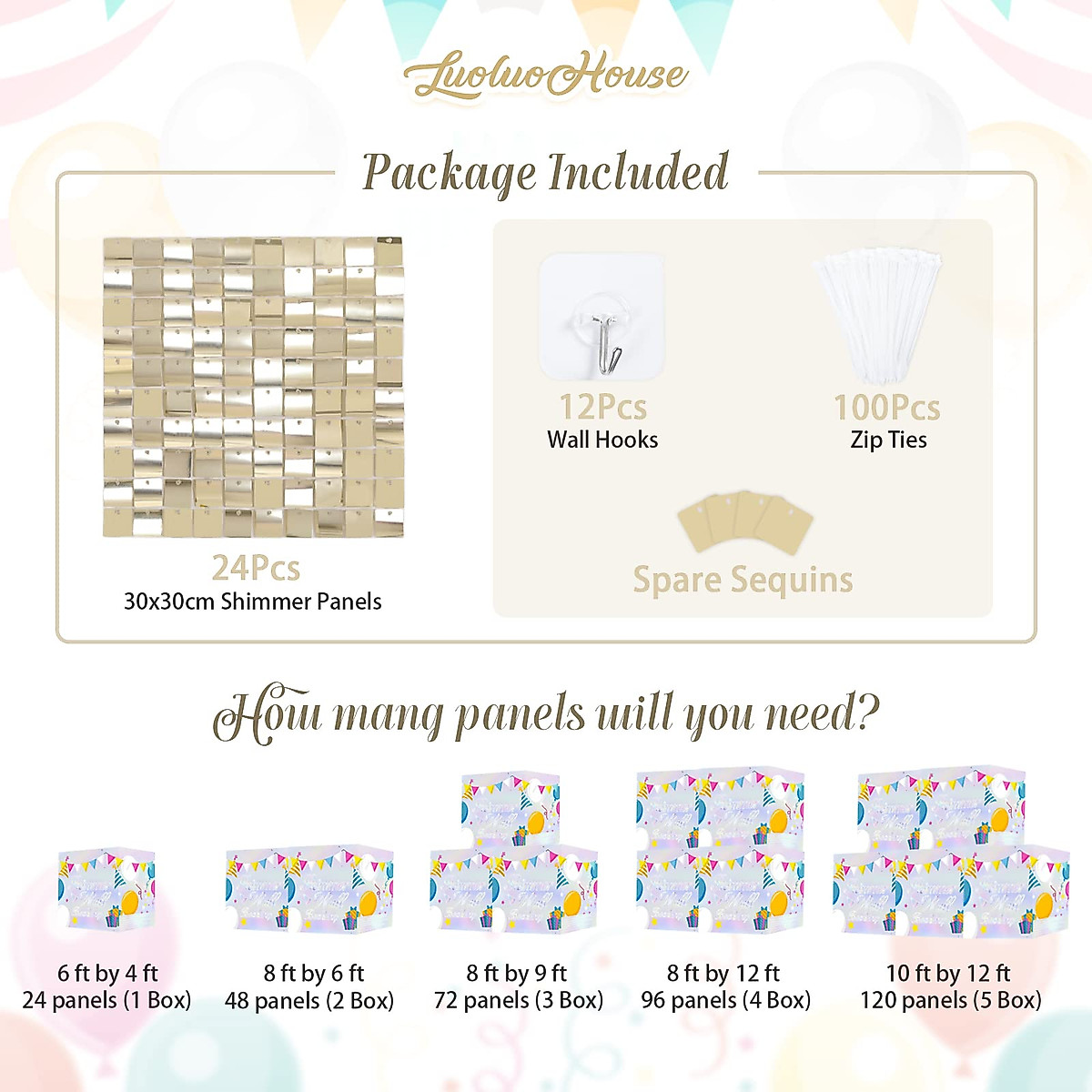 Shimmer Wall Backdrop Shimmer Wall Panels Light Gold Glitter Photo Background Backdrops for Birthday Decorations Anniversary Wedding Engagement,Pack of 24