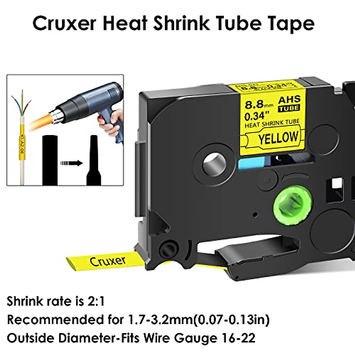 Cruxer Compatible for Brother HSE621 HS2-621 8.8mm 3/8" (0.34 Inch) Heat Shrink Tube Label Tape Black on Yellow for PTE550 PTP750 PTD210 PTD450 PTD400AD PTH110 PT710BT Label Maker, 2-Pack