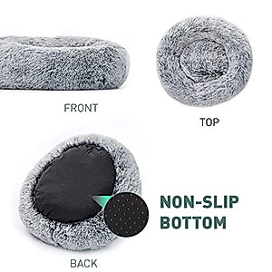 Eterish 23 inches Fluffy Round Calming Dog Bed Plush Faux Fur, Anxiety Donut Dog Bed for Small Dogs and Cats, Pet Cat Bed with Raised Rim, Machine Washable, Light Grey