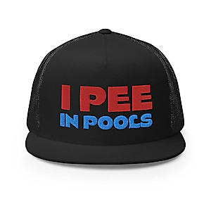 RIVEMUG I Pee in Pools Embroidered Premium Trucker Hat | Funny Gag Gift Joke | Flat Bill High Crown Cap | Funny Snap Back Hat
