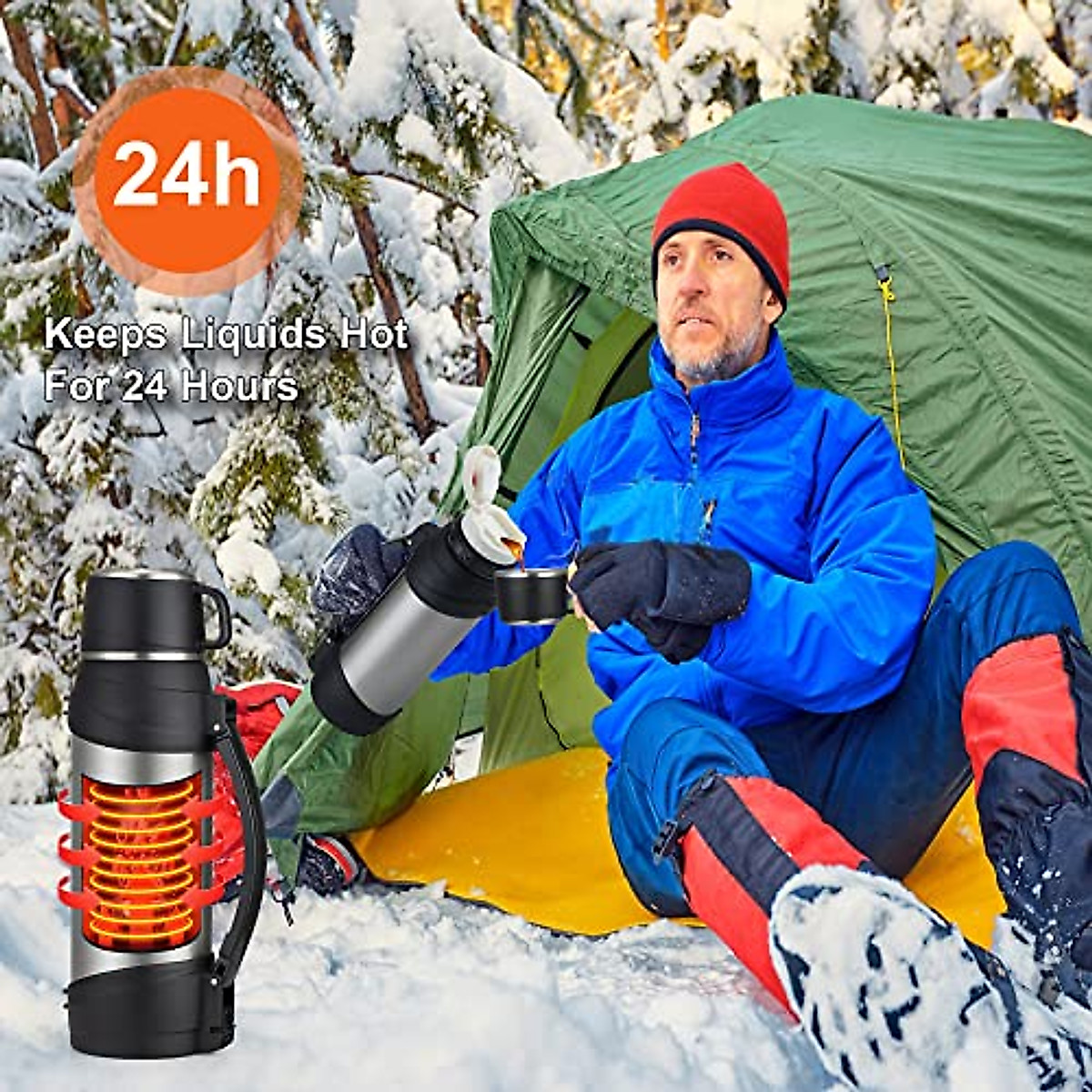 Debo Thermos with Handle Hidden Strap Portable 68 Ounce Coffee Thermos Double Wall Vacuum Insulation BPA-FreeThermos for Hot Drinks Keep Hot&Cold For Up to 24 Hours Thermoses for Hot Coffee, Silver