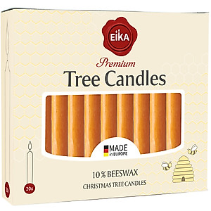 Eika Premium 10% Beeswax Tree Candles - Pack of 20 Honey Colored Natural Christmas Wax Candles for Pyramids, Carousels & Chimes - Made in Europe