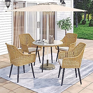 Verano Garden 5 Pieces Outdoor Dining Set, Patio Wicker Dining Chairs and Round Table Set for 4, Rust-Resistant Steel Frame Dining Set W/Umbrella Hole for Backyard, Porch, Garden, Lawn