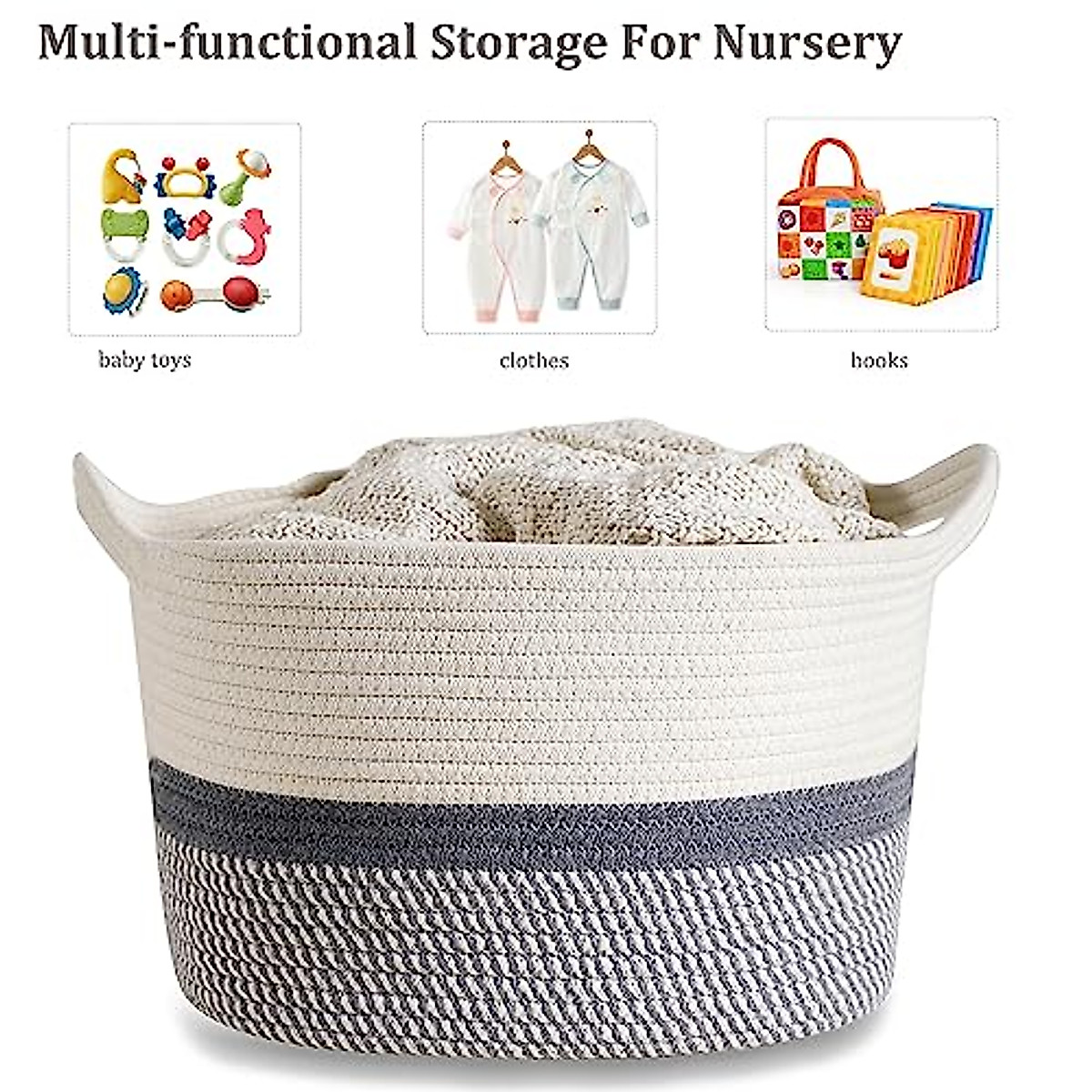 JIA QAQ Square Cotton Rope Samll Baskets With Handles for Nursery, Toys, Household, Handcrafted Woven Gift Baskets for Storage and Organization,13.5x11x9.5inch (white-grey)