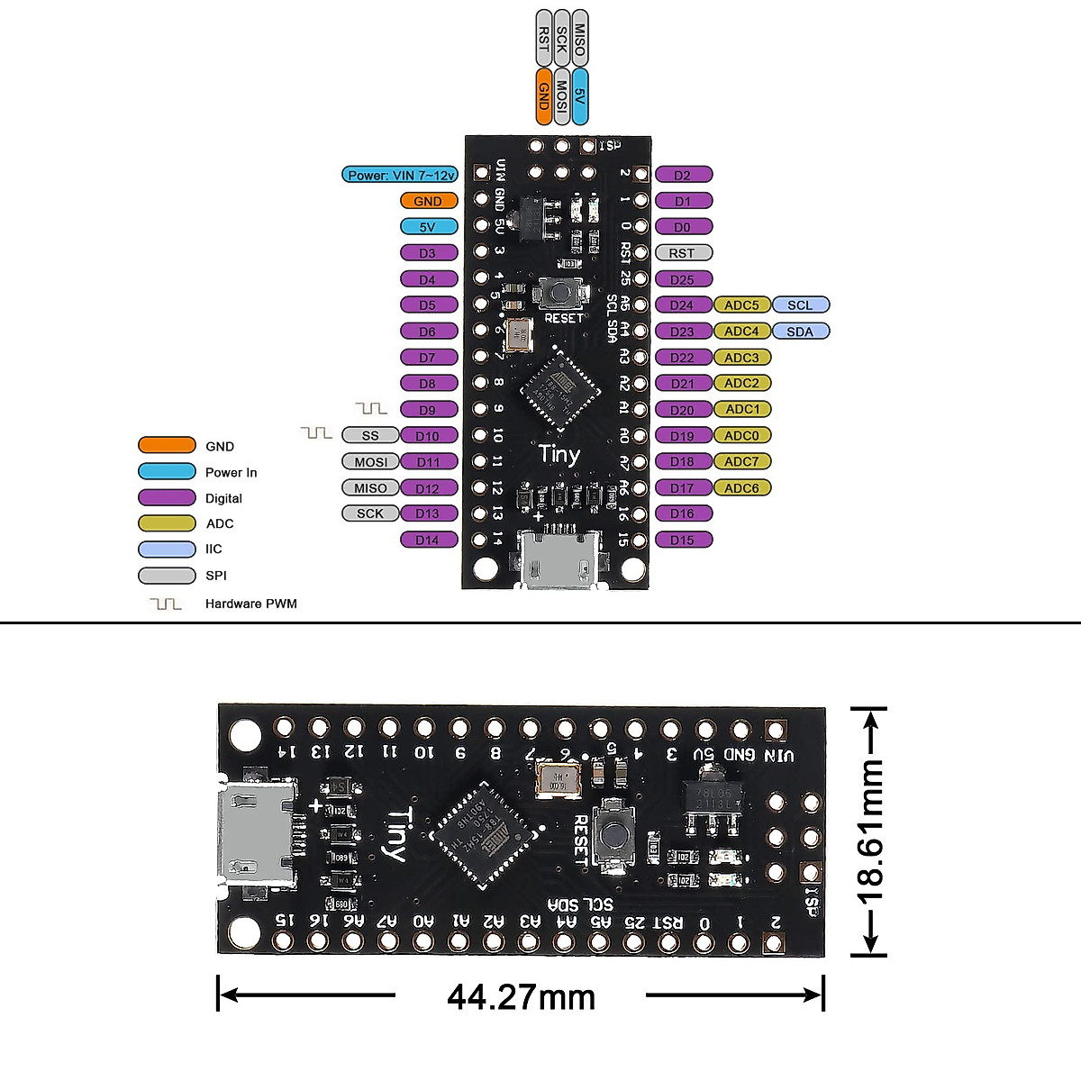 7Pcs ATTINY88 Microcontroller Development Board 16Mhz I2C and SPI 26-PWM Digispark ATTINY85 Nano V3.0 Extended Module