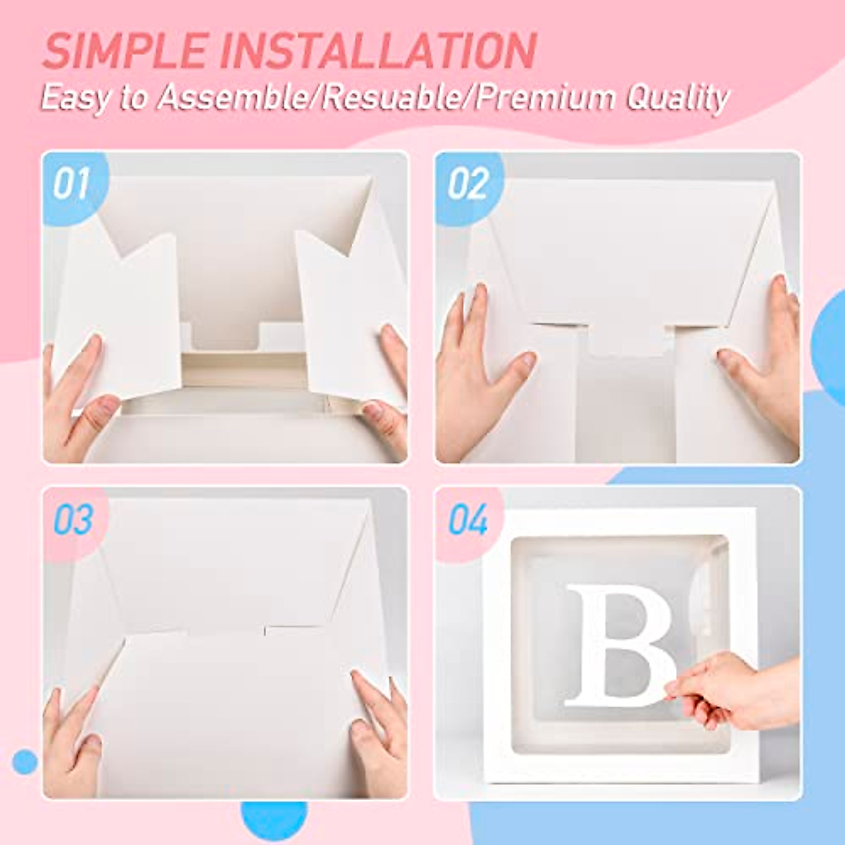 PABUES Baby Boxes with 4 PCS Letters for Baby Shower White Clear Balloon Box Blocks Gender Reveal Decorations and Birthday Party