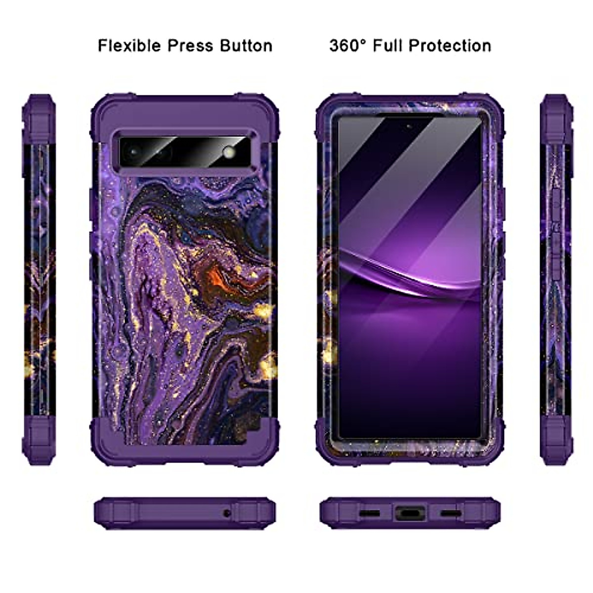 Miqala Google Pixel 6A Heavy Duty Case: Shockproof, Anti-Scratch, with 2 Tempered Glass & Camera Lens Protectors - Purple