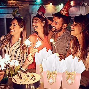 16 Thank You Gift Bags with Bows Ribbons, 11 x 7.9 x 3.5 Inch Paper Party Favor Bags with 50 Thank You Stickers and 16 Tissue Papers for Christmas Birthday Wedding Bridesmaid Holiday (Pink Bag)