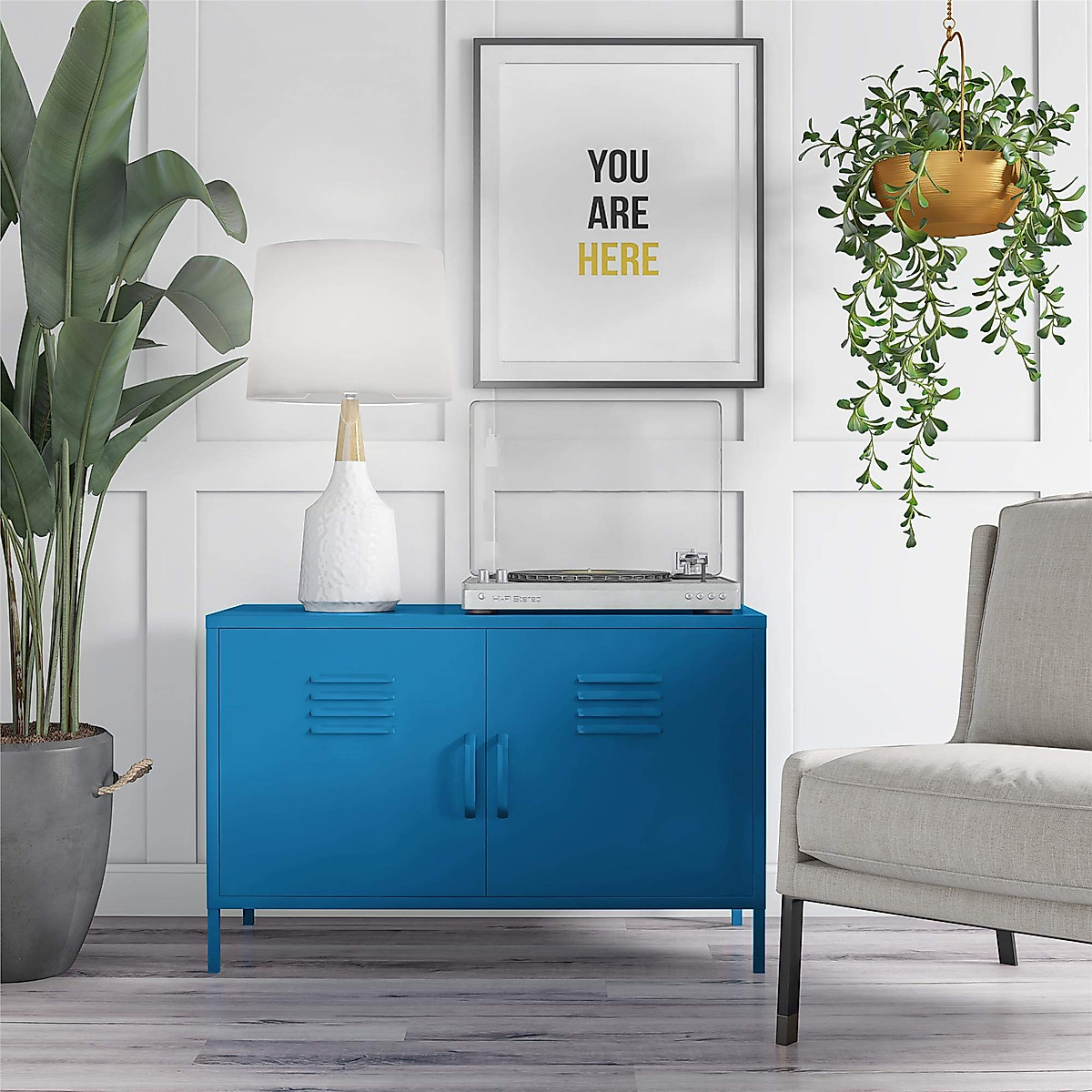 Novogratz Cache 2 Door Metal Locker Accent Cabinet and End Table, Blue
