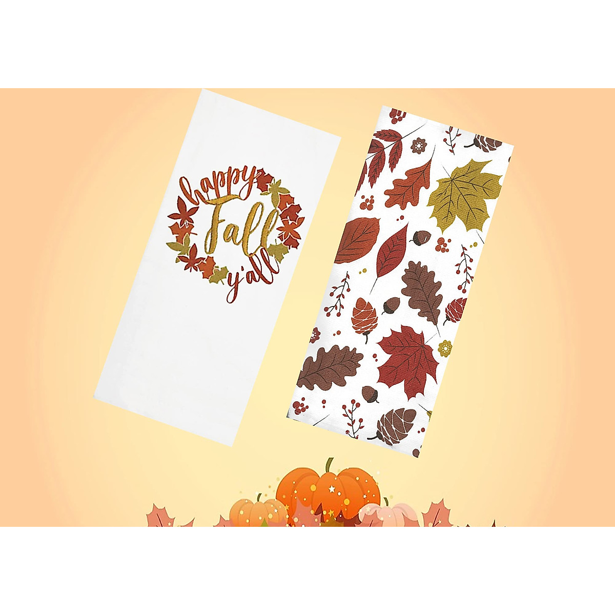 Mainstream Fall Kitchen Towels, Set of 2, Happy Fall Y all with Tossed Leaf Acorn Print Cotton Dual-Sided Terry Dishtowels Drying Cloth 16*26 inches White, Rust, Gold, Tan, Brown