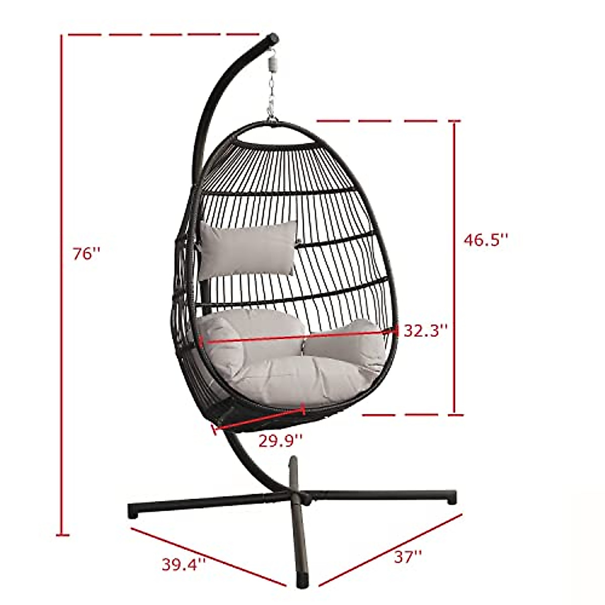 PRIVATE GARDEN Large Hanging Egg Chair with Stand Outdoor Patio Folding Egg Chair Indoor Swing Egg Chair with Light Grey Waterproof Cushion Heavy Duty C-Stand 330LBS Capacity